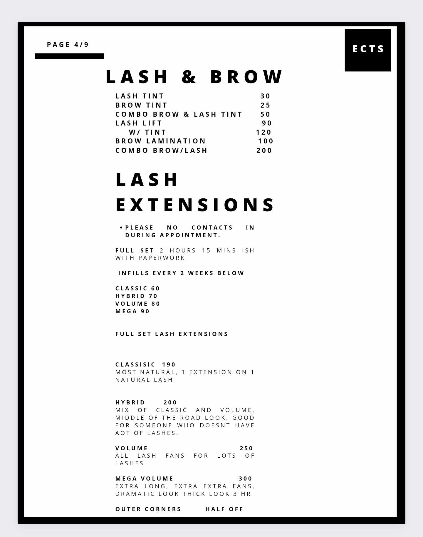 Menu of Services – East Coast Traveling Spa